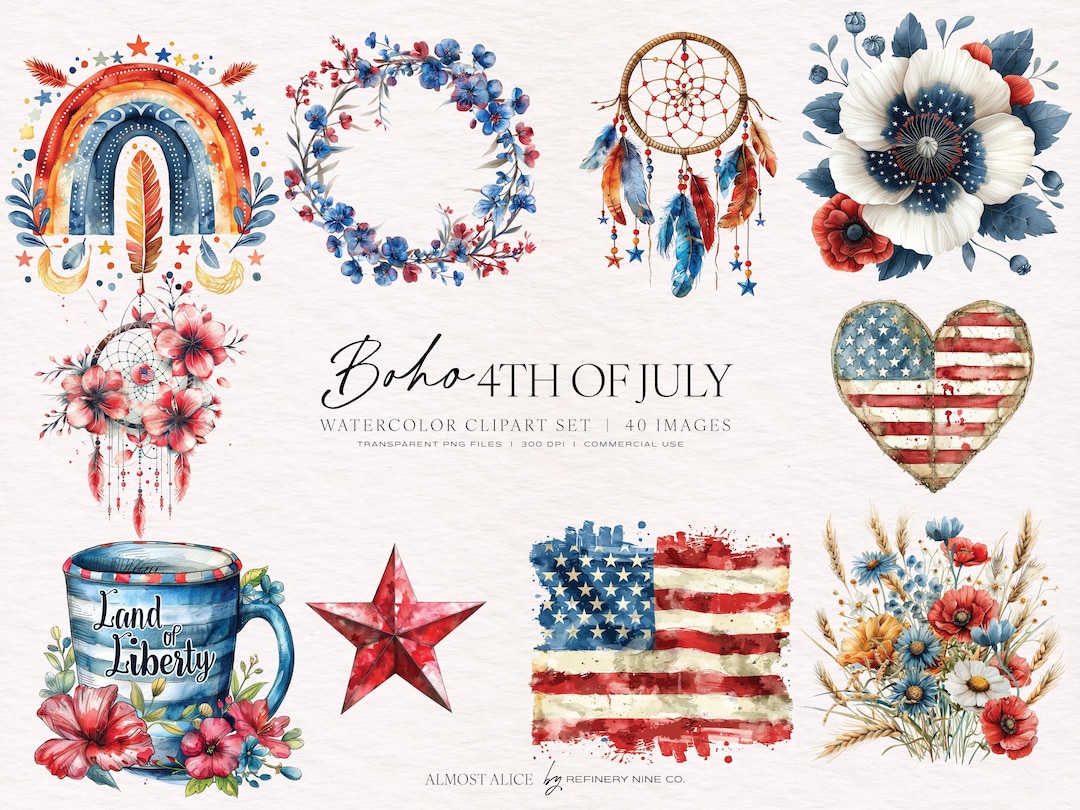 Boho 4th of July Watercolor Clipart for Scrapbooking, Stationery Design ...
