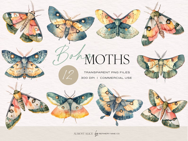 Boho Moths, Instant Download, Watercolor Clipart, Transparent PNG ...