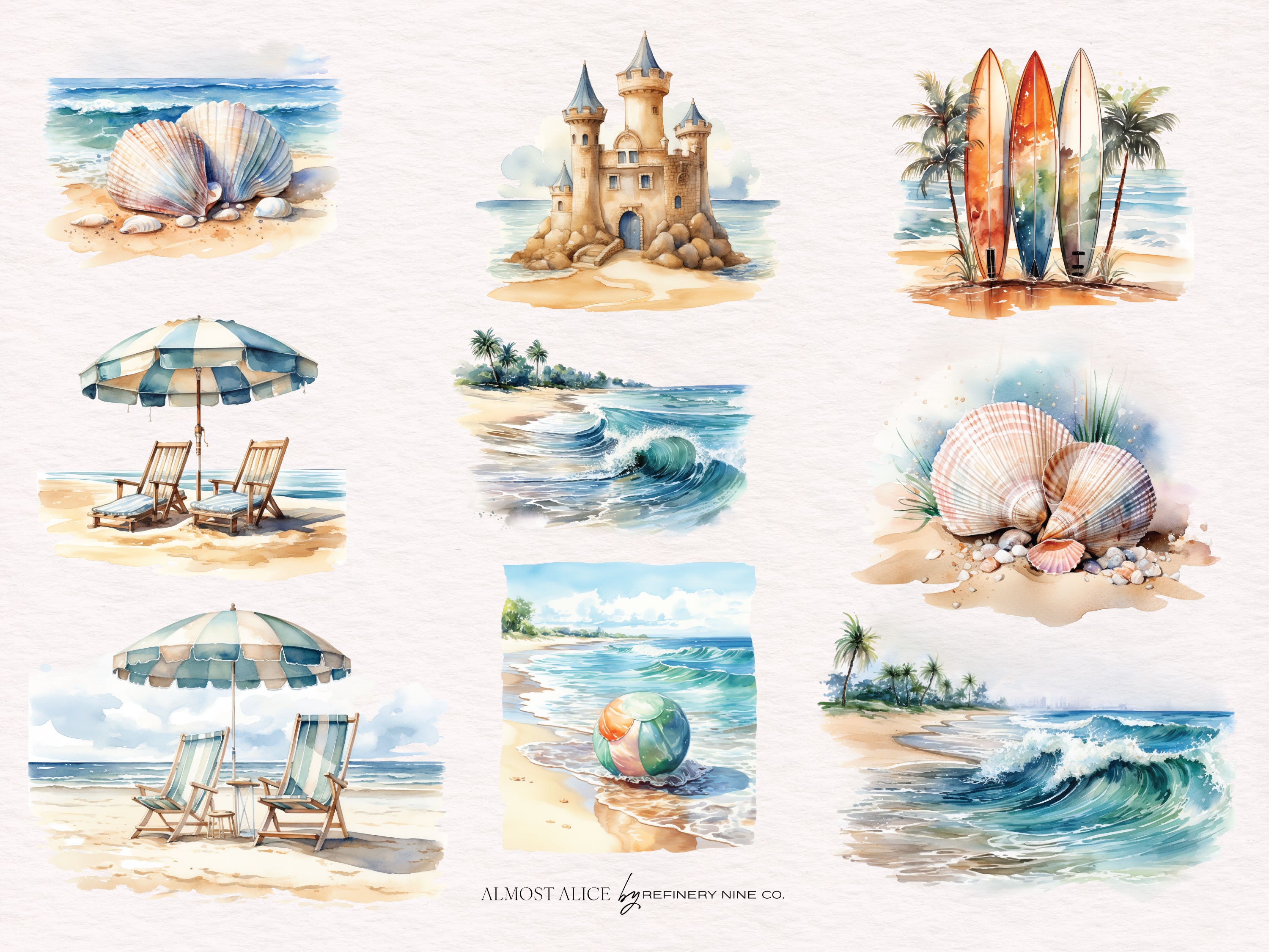 A Day at the Beach Watercolor Clipart, Seaside, Summer Vibes ...
