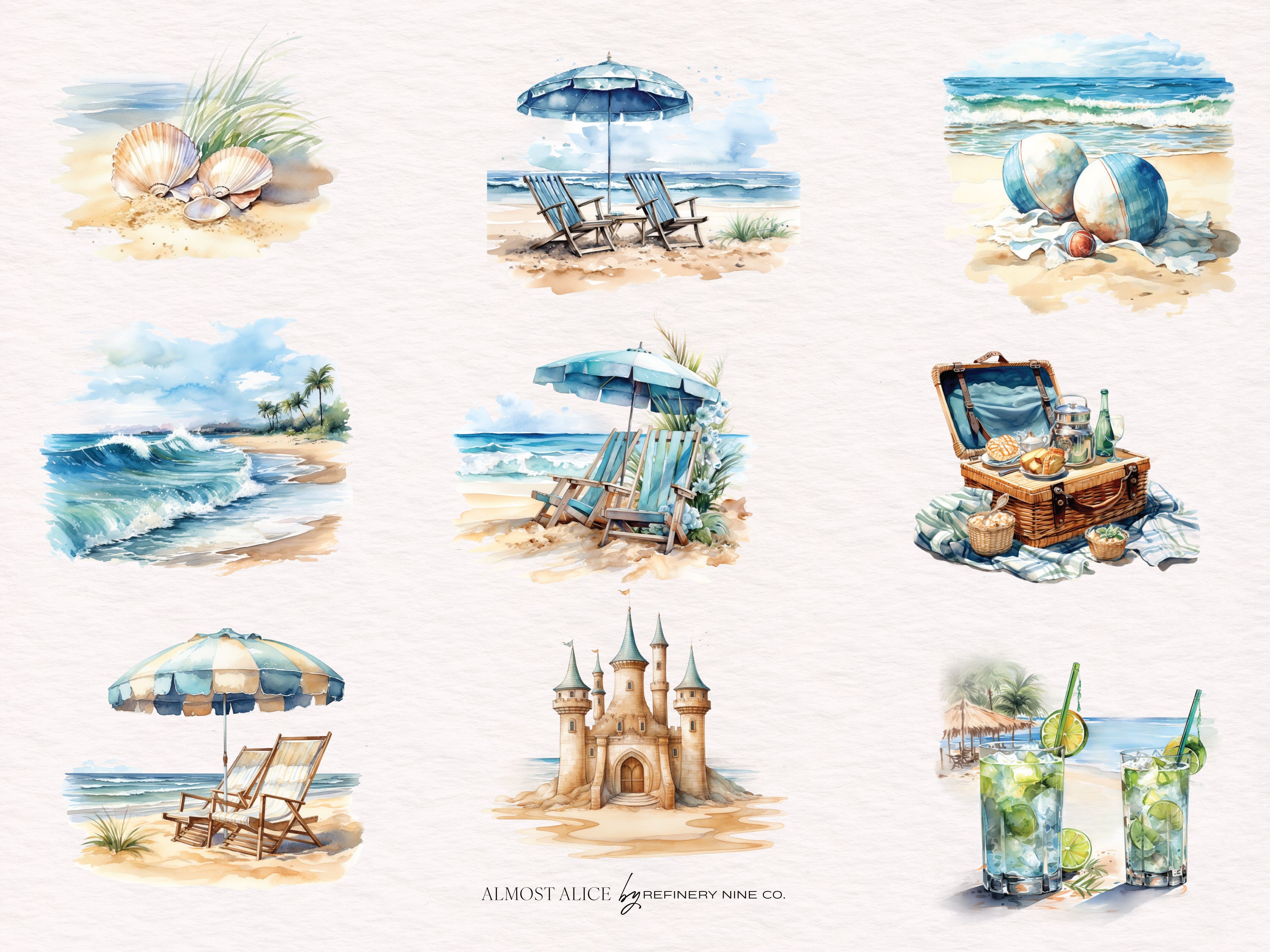 A Day at the Beach Watercolor Clipart, Seaside, Summer Vibes ...