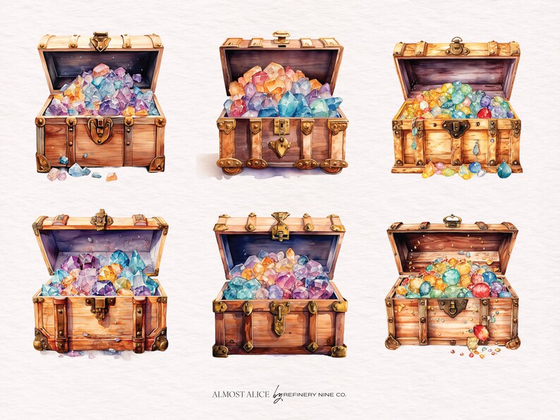 Treasure Chest, Watercolor Clipart, Gold, Jewels, Stickers, Nursery ...