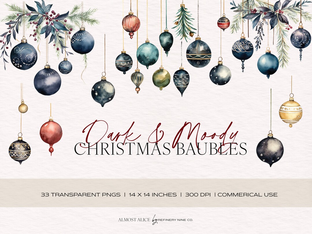 Dark Moody Christmas Ornaments, Dark Color Baubles, Watercolor Clipart ...