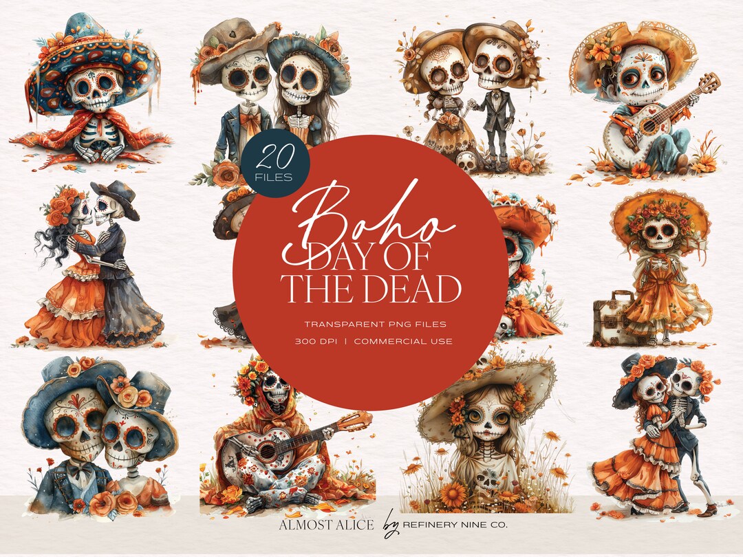 Boho Day of the Dead Watercolor Clipart, Transparent PNG (commercial ...
