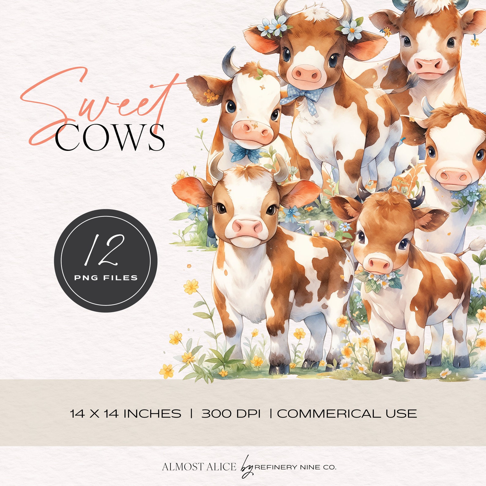 Watercolor Cows Clipart Pack, Pastel, Sweet, Clipart for Commercial Use ...