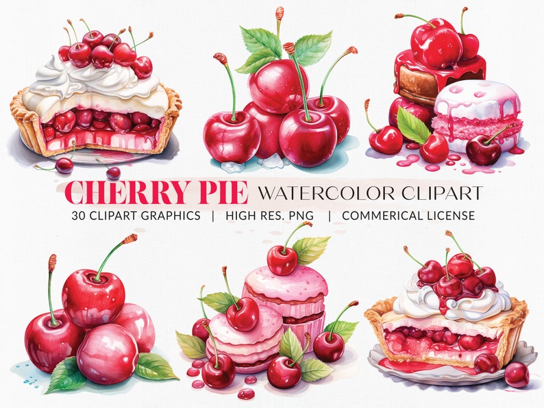 Cherry Pie Clipart - Food Clipart, Digital Watercolor Prints, Digital ...