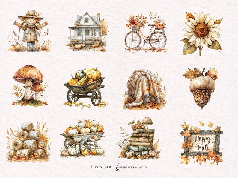 BOHO Watercolor Fall Clipart Vol. 1, Autumn Leaves, Pumpkins, Flowers ...