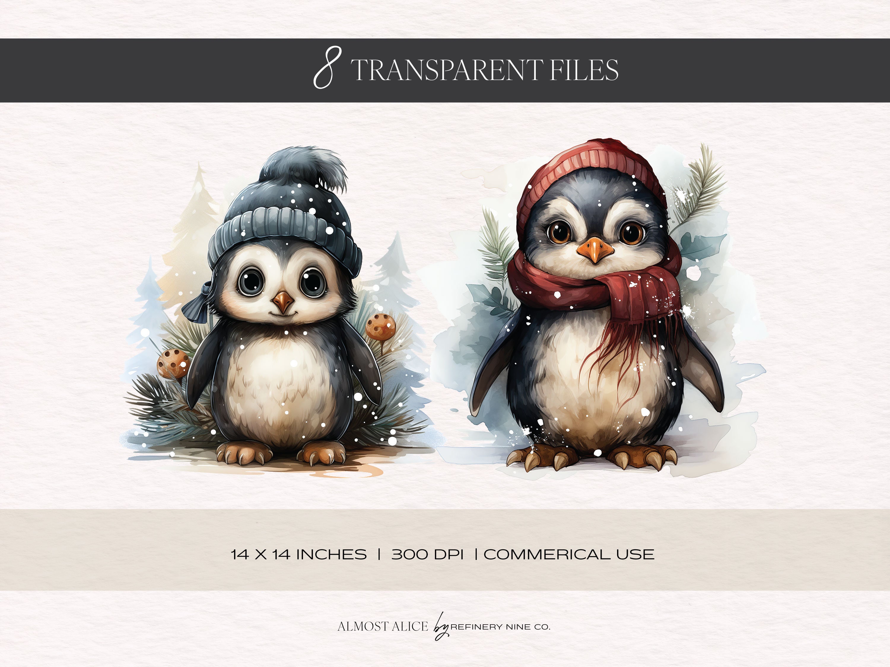Snow Penguins, Watercolor Clipart, Christmas, Winter Solstice ...