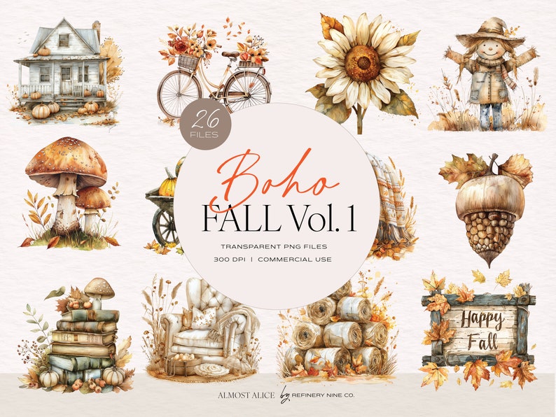 BOHO Watercolor Fall Clipart Vol. 1, Autumn Leaves, Pumpkins, Flowers ...
