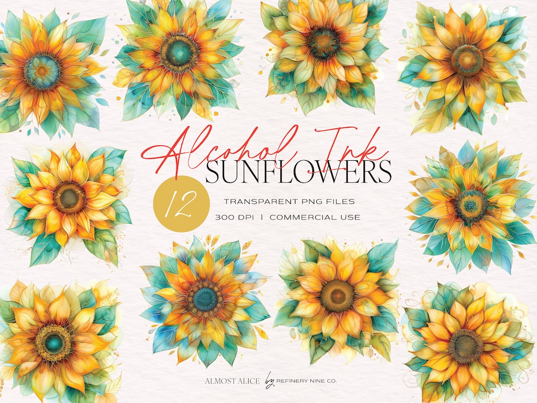 Alcohol Ink Sunflower Clipart, Watercolor, Whimsical, Floral ...