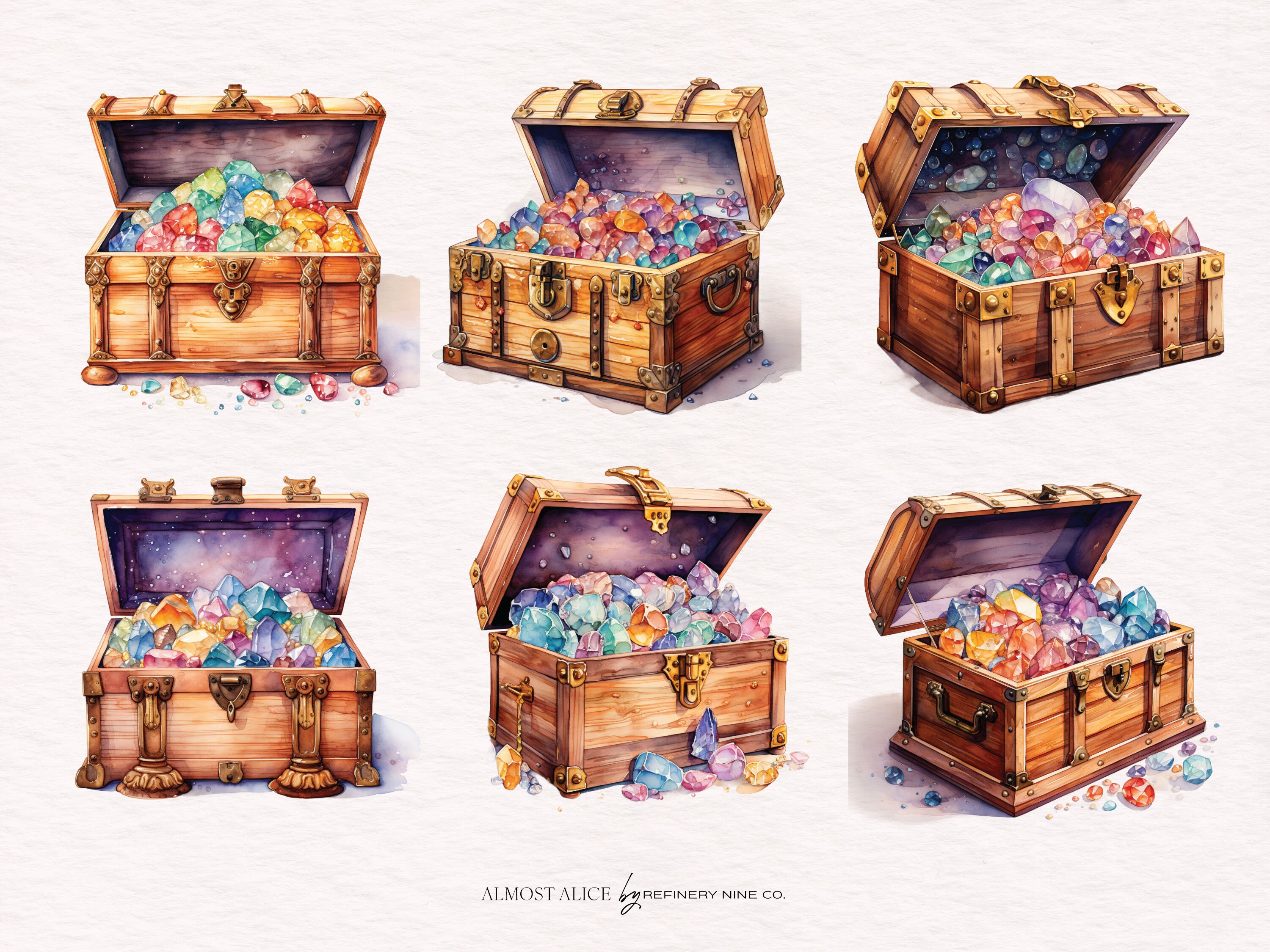 Treasure Chest, Watercolor Clipart, Gold, Jewels, Stickers, Nursery ...