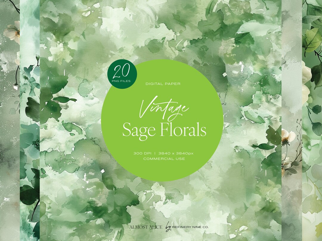 Vintage Sage Green Florals Digital Paper Bundle, Scrapbooking, Junk ...