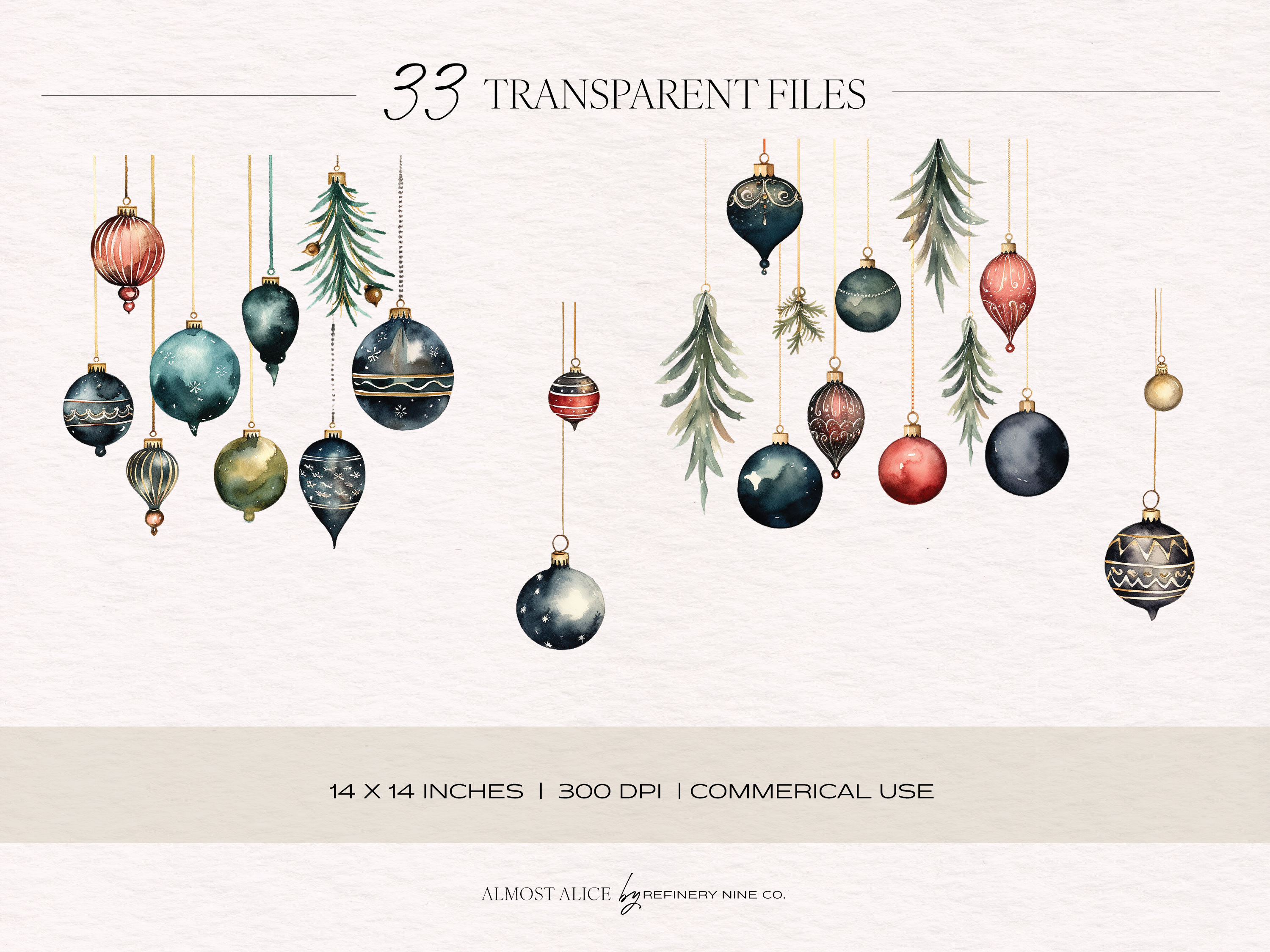 Dark Moody Christmas Ornaments, Dark Color Baubles, Watercolor Clipart ...