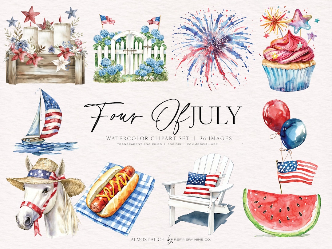 4th of July Watercolor Clipart Bundle: Patriotic Digital Art (digital ...