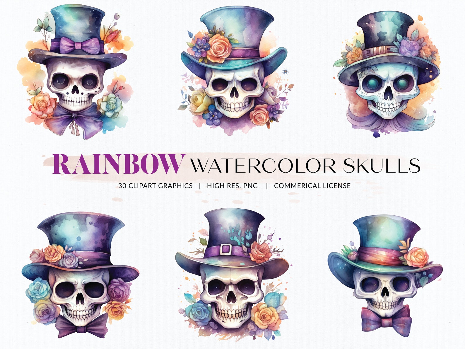 Rainbow Watercolor Skull Clipart Digital Watercolor Prints - Etsy