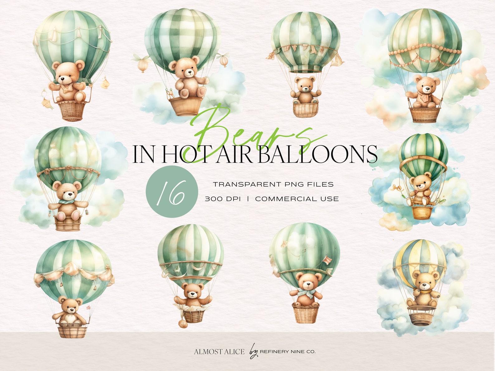 Teddy Bears in Green Hot Air Balloons Clipart - Watercolor Nursery ...