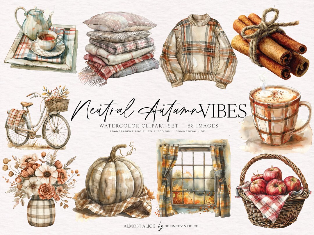 Neutral Autumn Watercolor Clipart: Pumpkin, Leaves, Acorns (PNG Digital ...