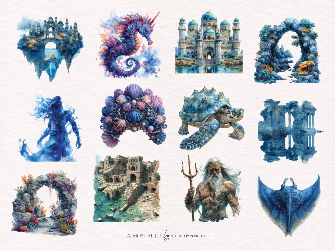 Atlantis Watercolor Clipart: Underwater City, Sea Creatures (digital ...