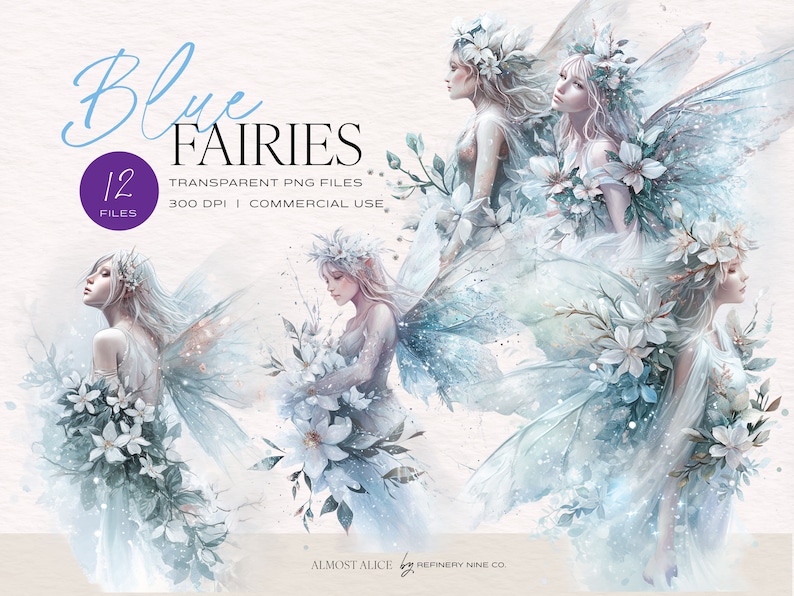 Etherial Blue Fairies, Watercolor Clipart, Cool Blue, Fantasy, Wall Art ...