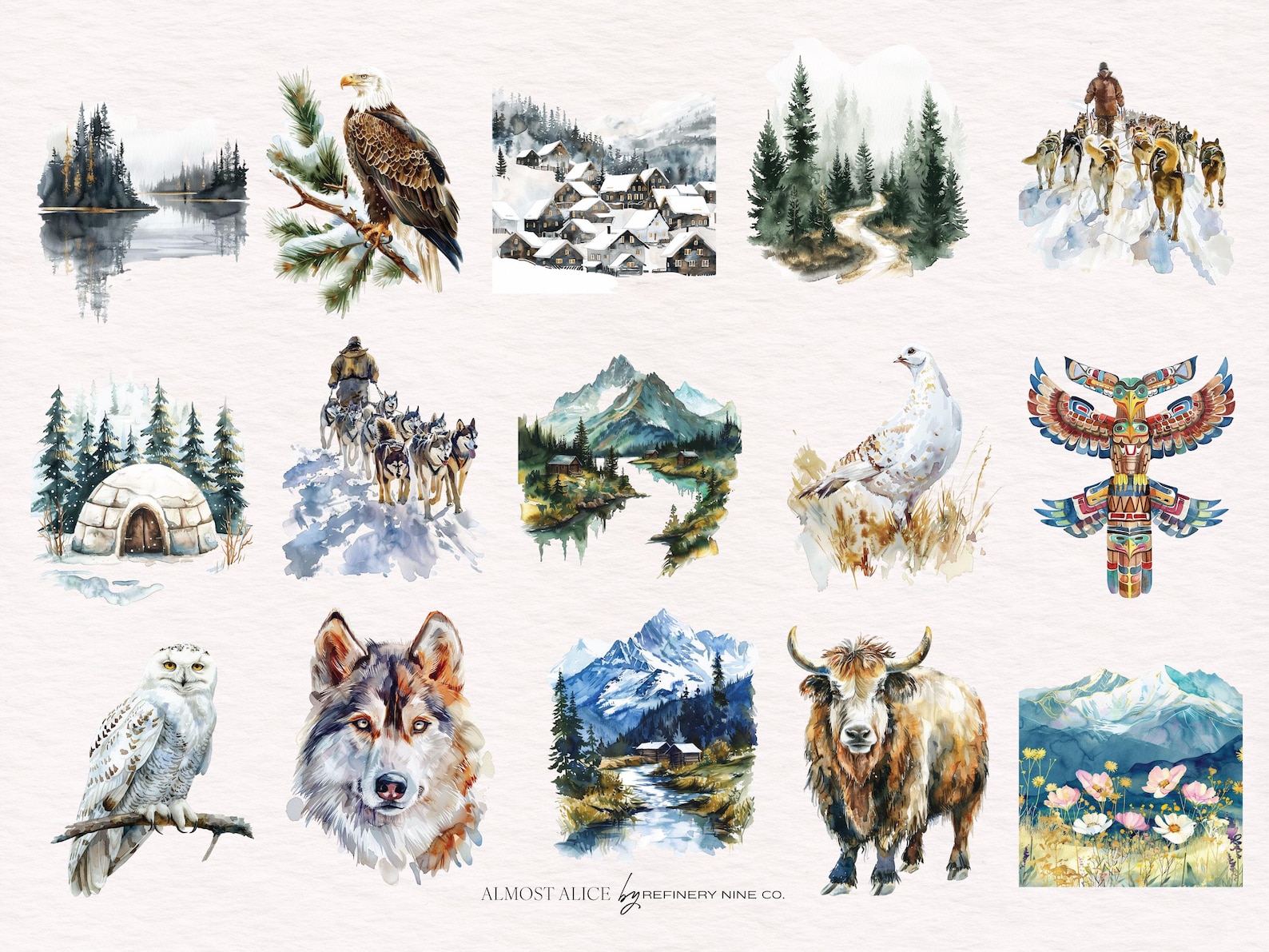 Alaska Watercolor Clipart: Grizzly Bear, Moose, Indigenous People ...