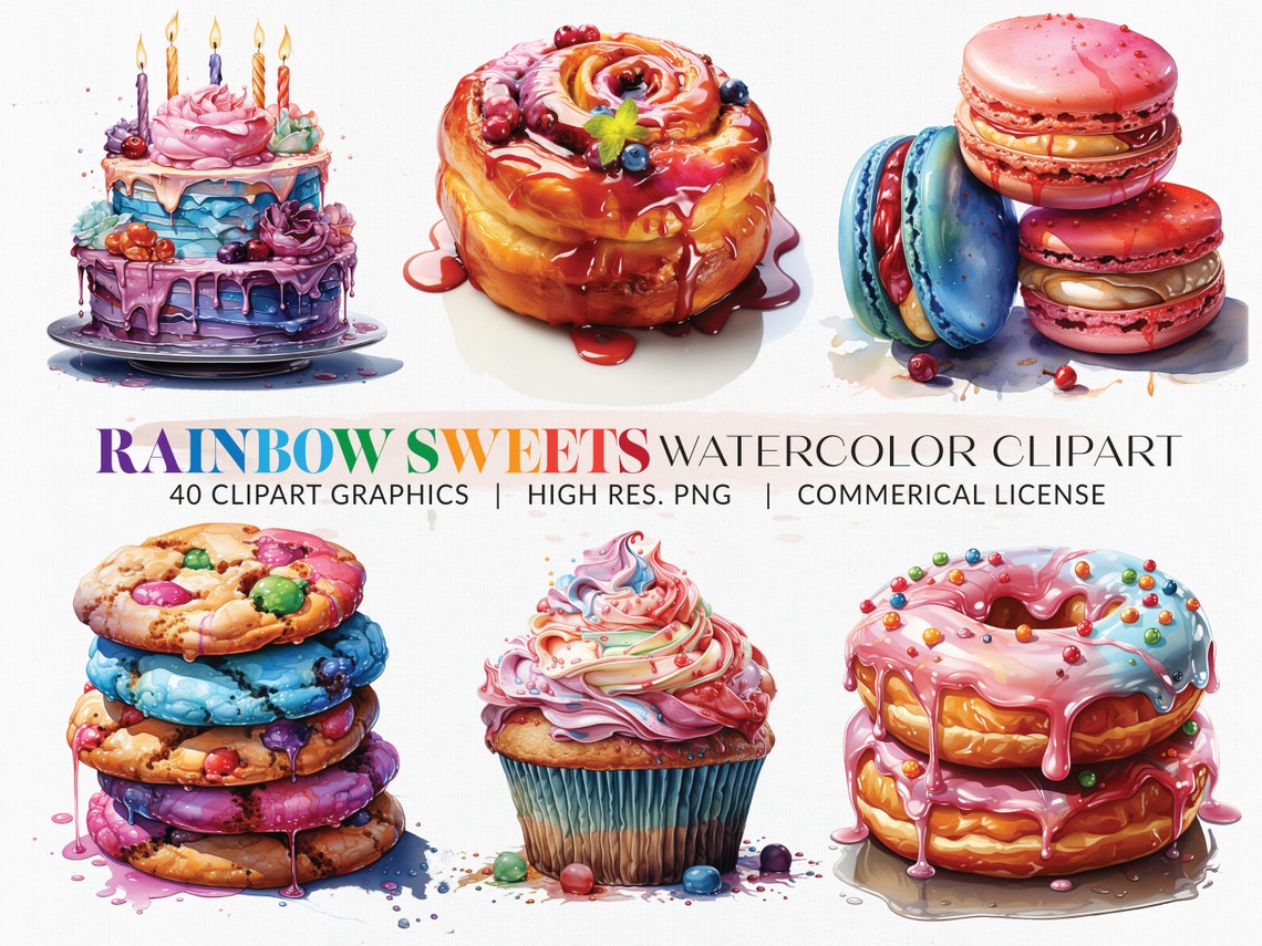 RAINBOW SWEETS Clipart Food Clipart Digital Watercolor - Etsy