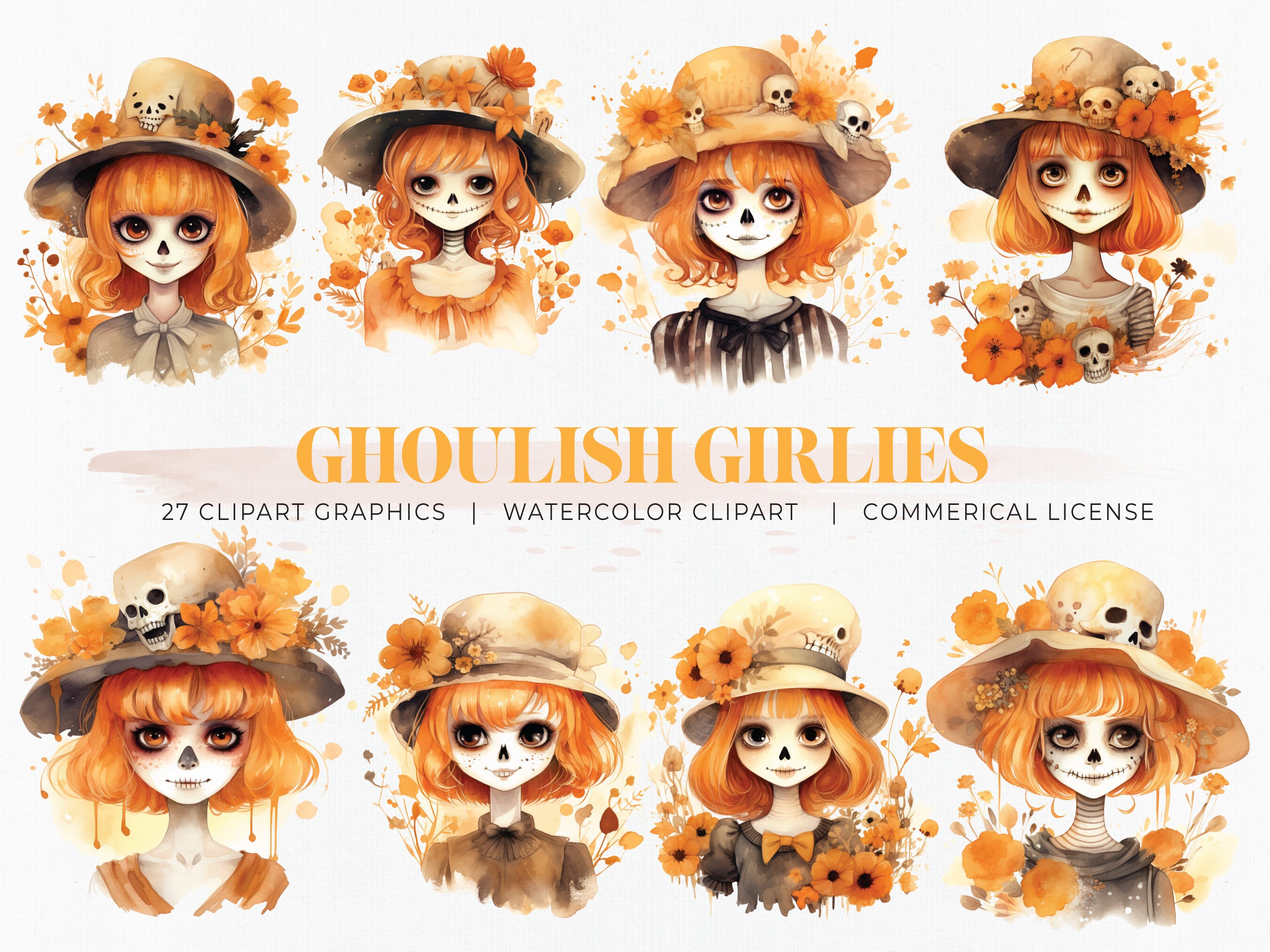 GHOULISH GIRLIES ORANGE Instant Download, Skull Clipart, Holiday ...