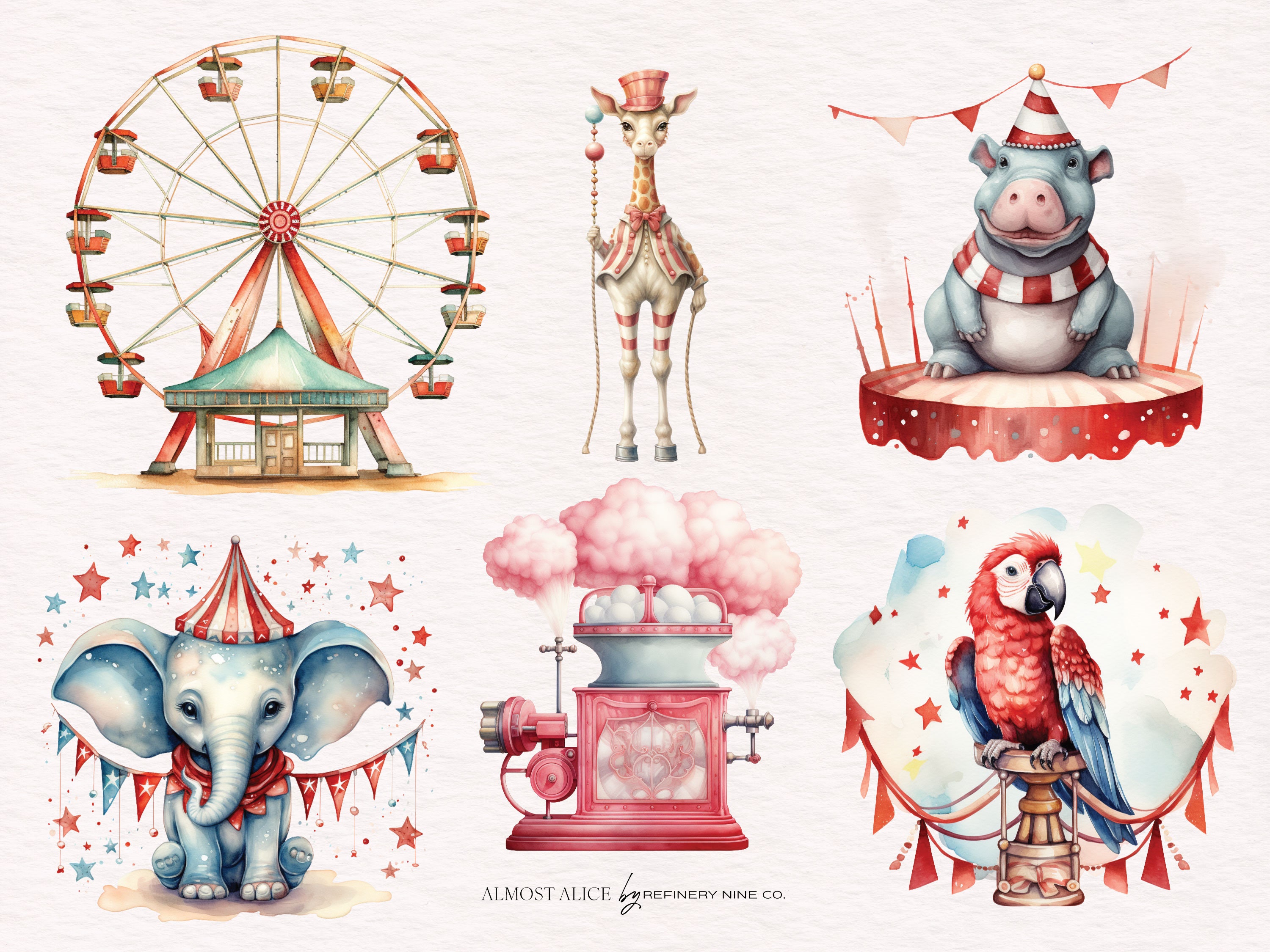 Colorful Vintage Circus Clipart Bundle: Blue, Red, Creme Watercolor ...
