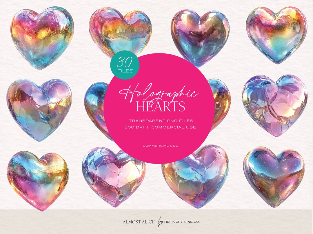 Holographic Hearts Watercolor Clipart: Transparent PNG (digital ...