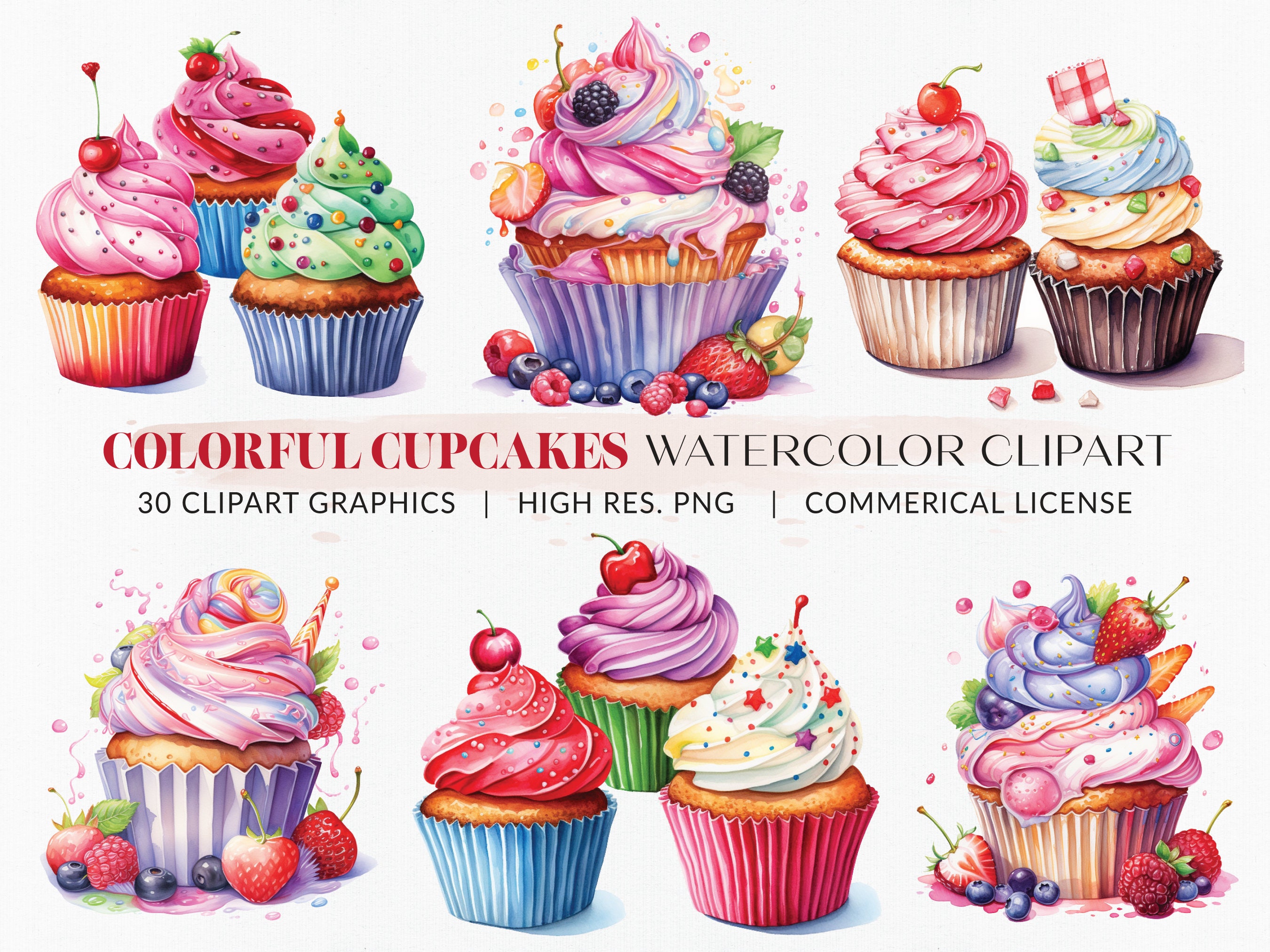Watercolor Cupcakes Clipart: 30 PNG Files, Commercial Use (digital ...