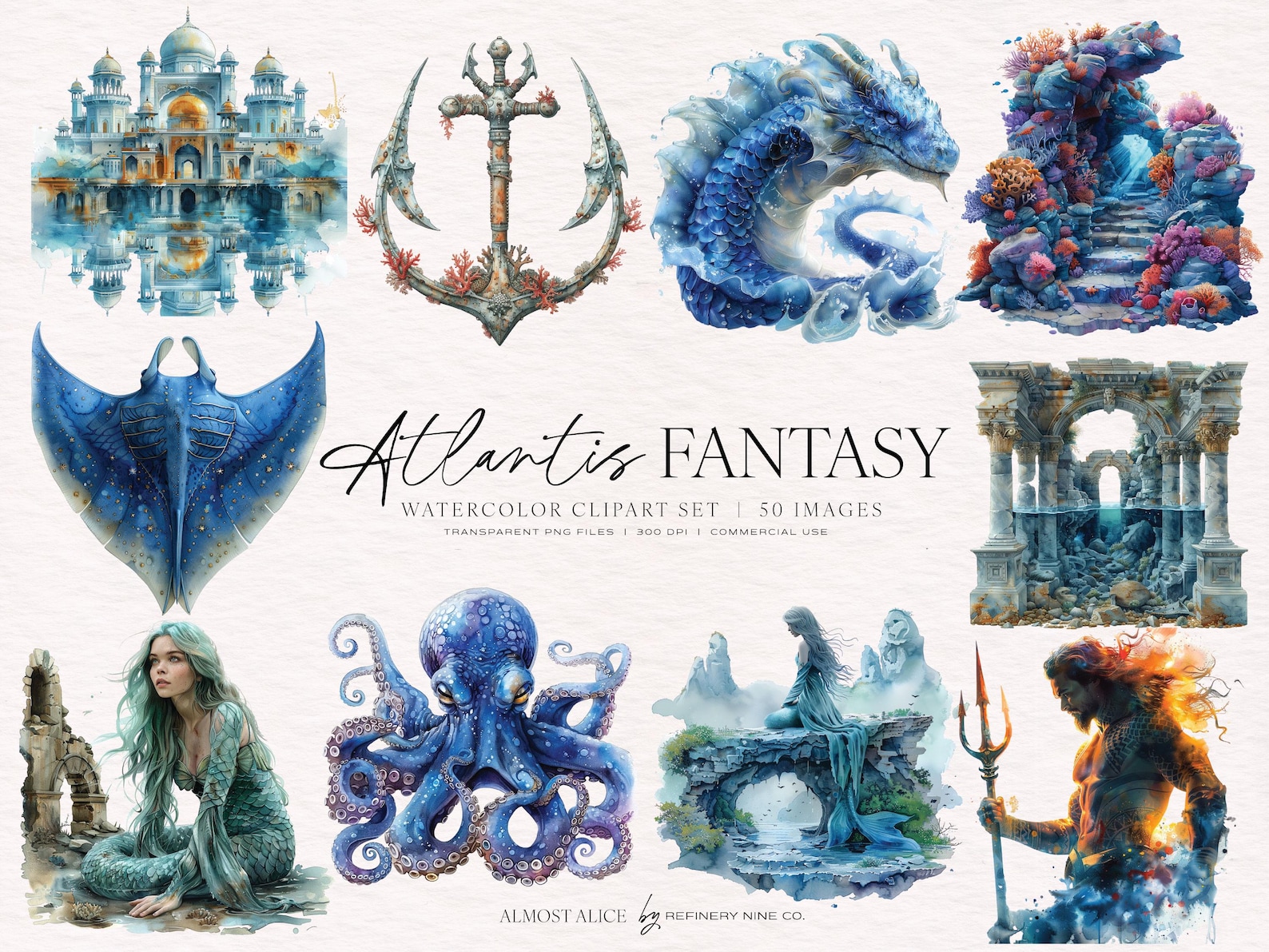 Atlantis Watercolor Clipart: Underwater City, Sea Creatures (digital ...