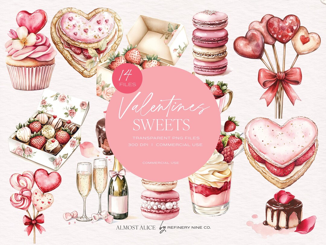 Valentine's Day Sweets Watercolor Clipart: PNG Graphics (digital ...