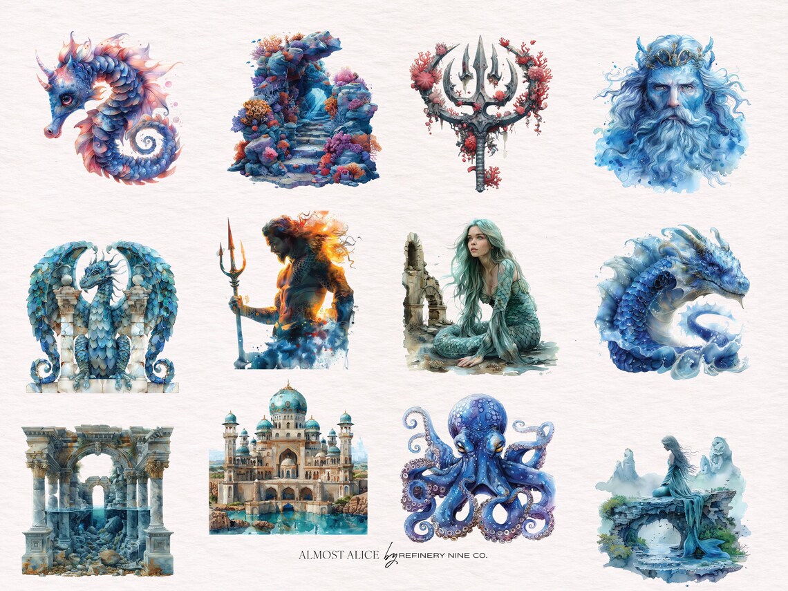 Atlantis Watercolor Clipart: Underwater City, Sea Creatures (digital ...