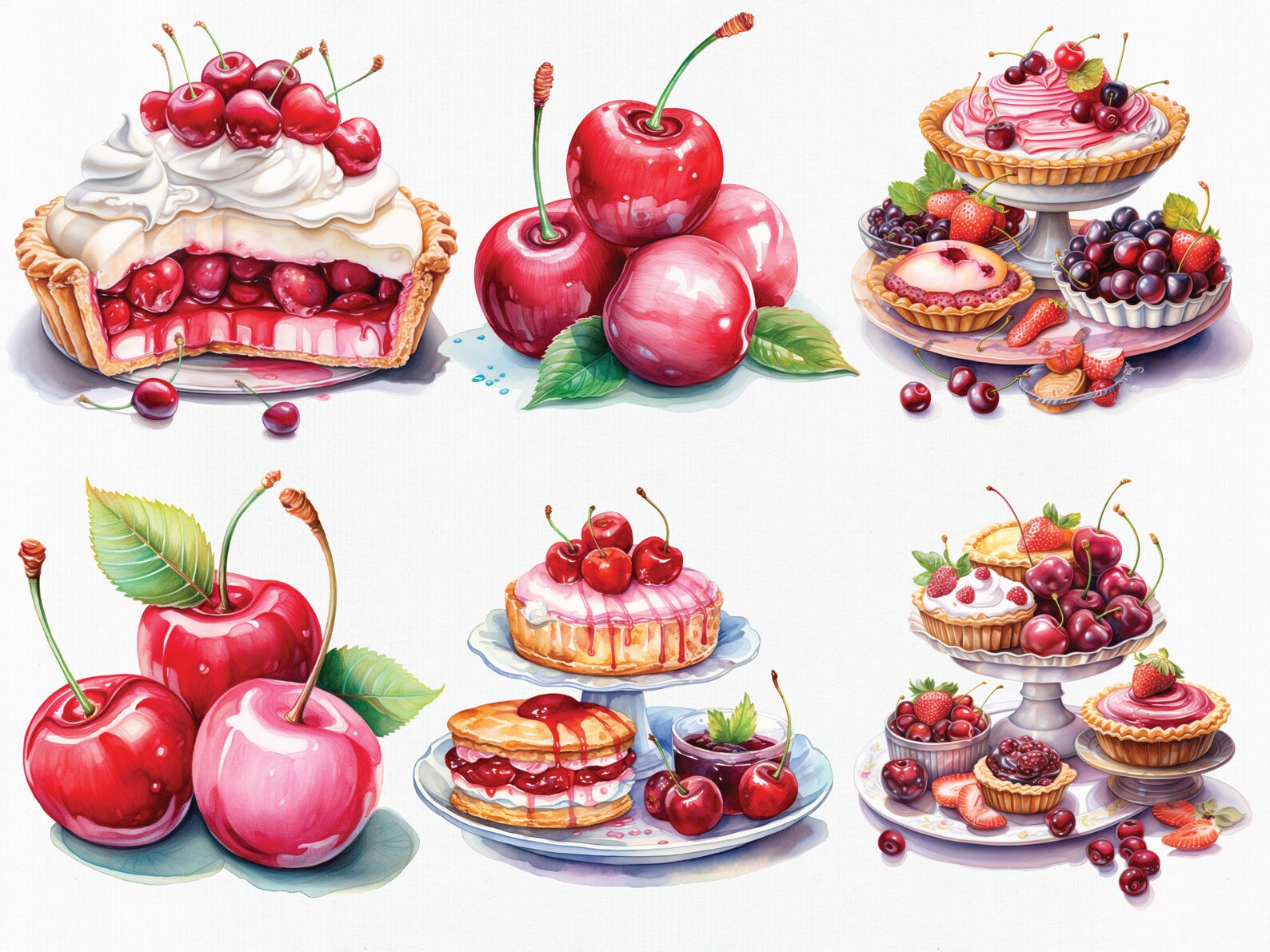 Cherry Pie Clipart - Food Clipart, Digital Watercolor Prints, Digital ...