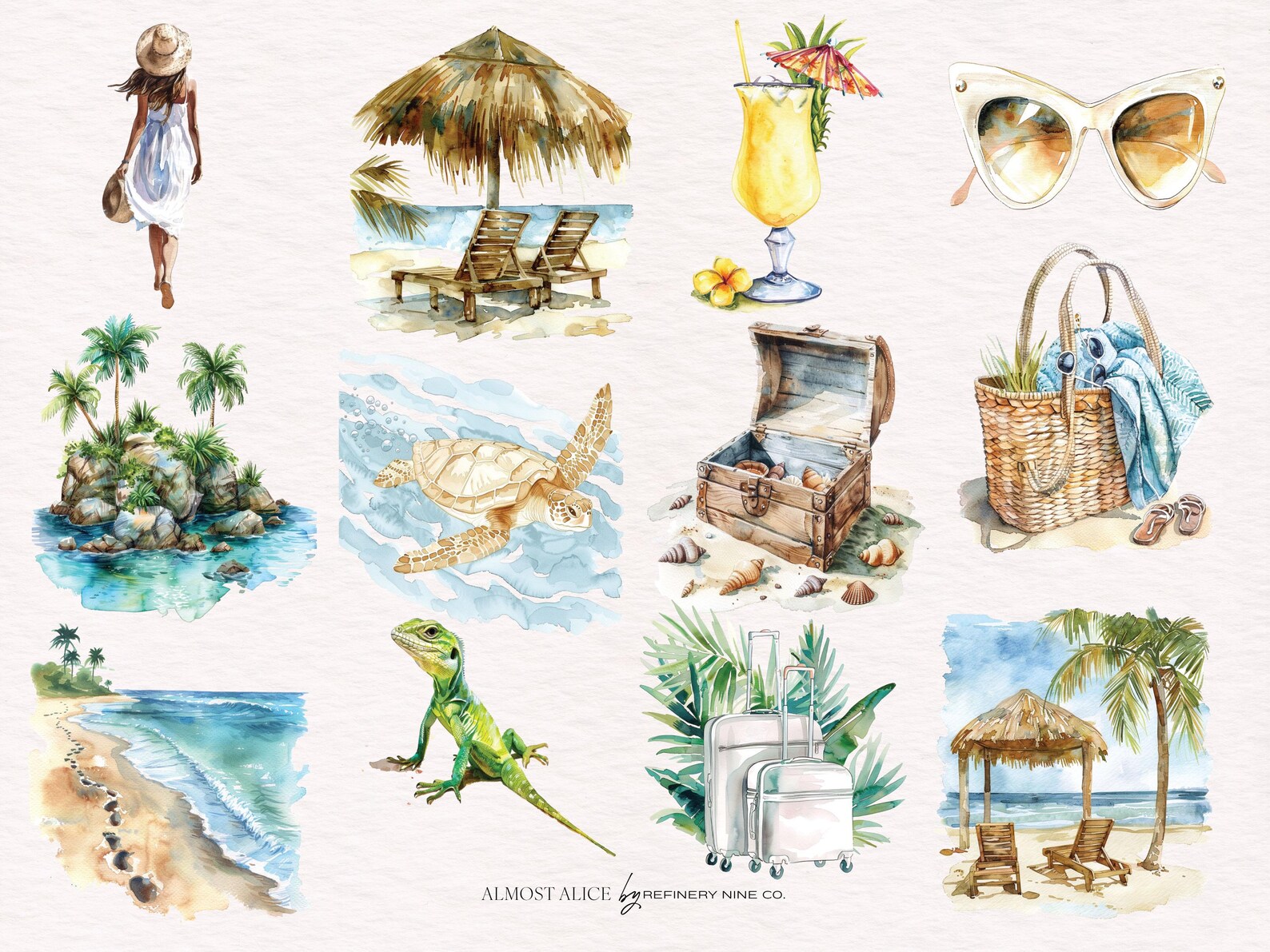 Tropical Summer Clipart, Watercolor Bundle, Vacation Clipart ...