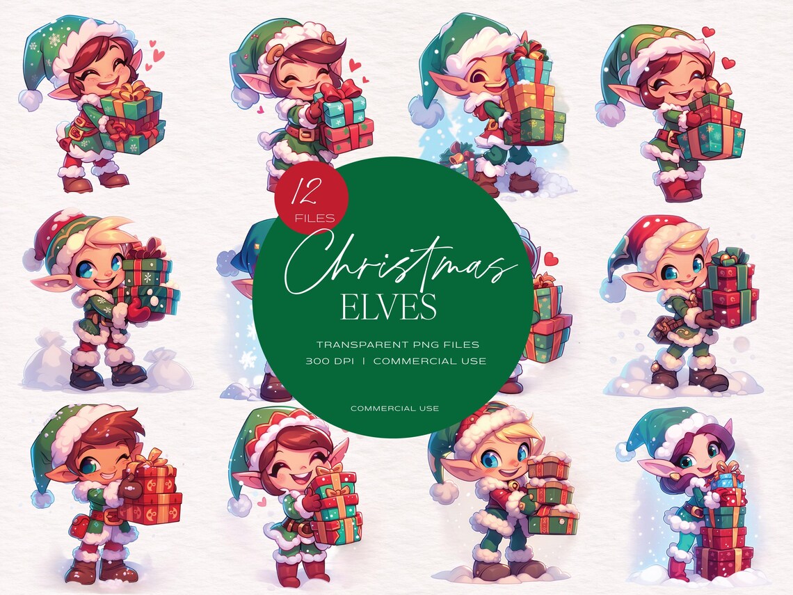 Watercolor Christmas Elves Clipart, Holiday PNG Stickers (commercial ...