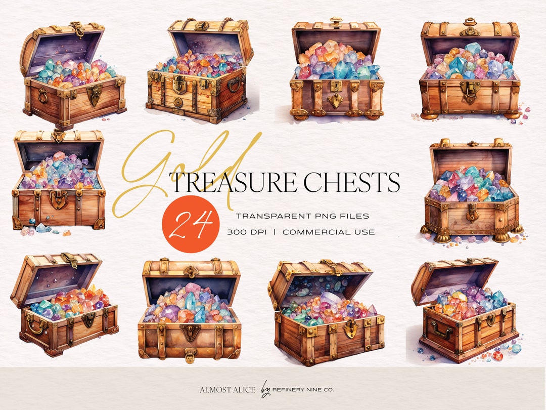 Treasure Chest, Watercolor Clipart, Gold, Jewels, Stickers, Nursery ...