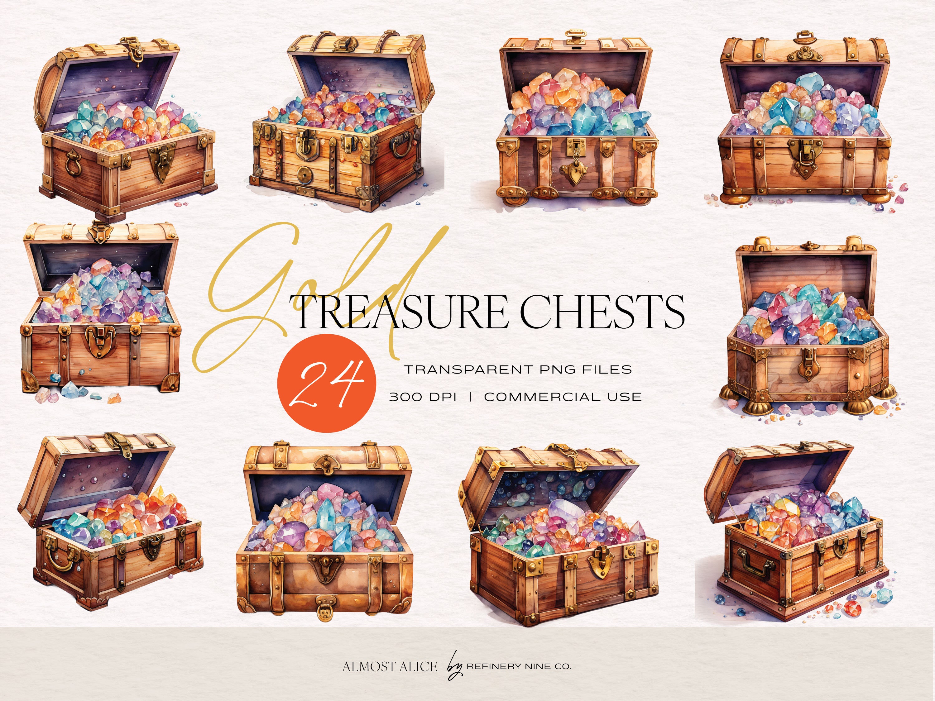 Treasure Chest, Watercolor Clipart, Gold, Jewels, Stickers, Nursery ...