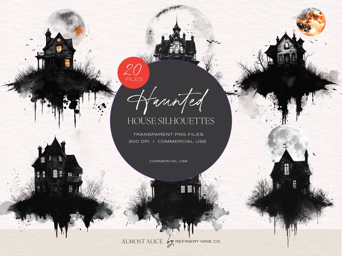 Watercolor Haunted House Silhouette Clipart: Spooky Halloween PNG ...
