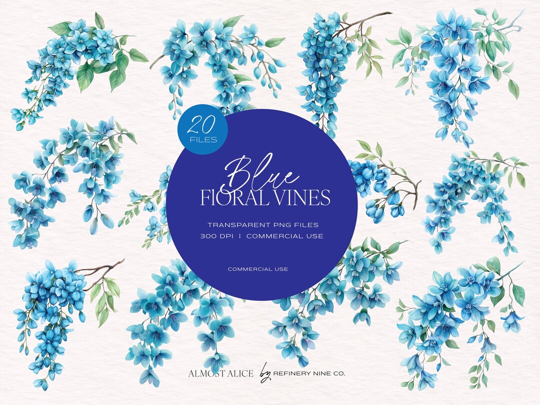 Blue Floral Vines Clipart for Wedding Stationery & DIY Events | Floral ...