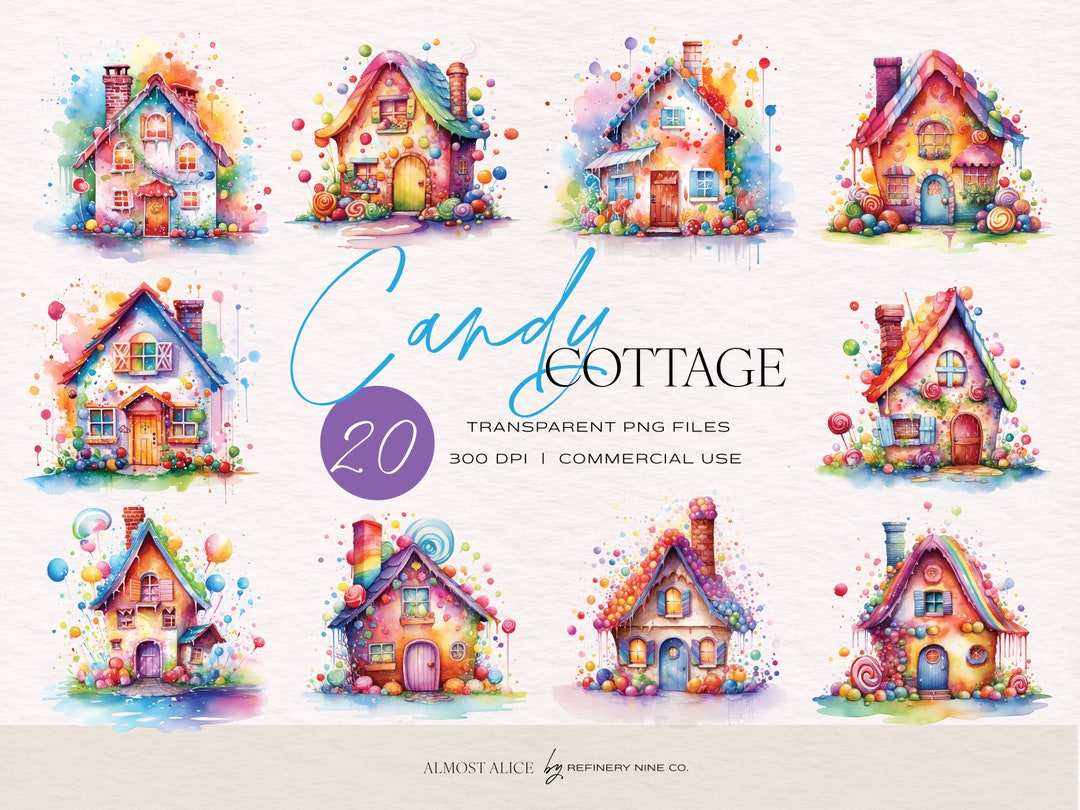Candy Cottage, Watercolor Clipart, Rainbow Color, Magical, Whimsical ...