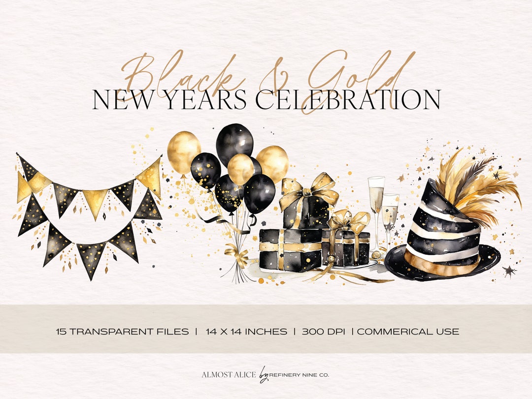 New Years Eve Clipart: Black & Gold Watercolor PNG (digital Download ...