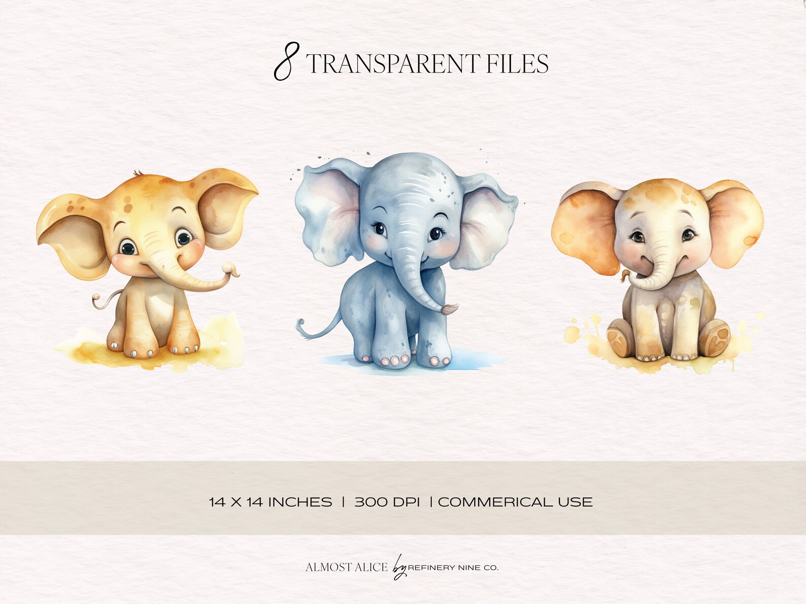 Watercolor Elephant Clipart: Safari Nursery Art (PNG, Commercial Use ...