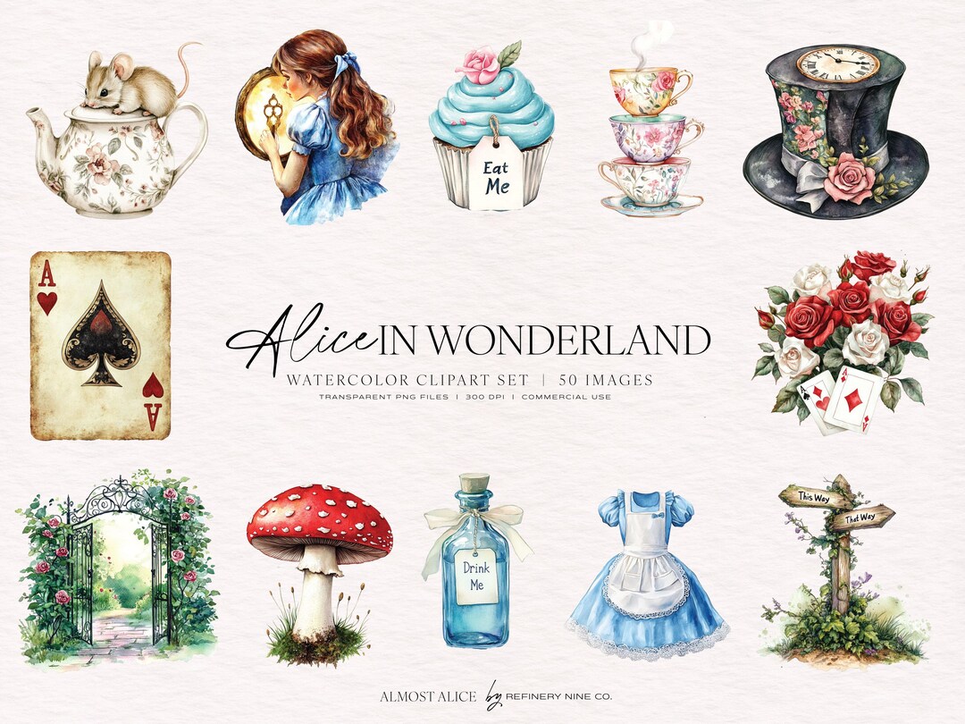 Wonderland Clipart Set - Modern Alice in Wonderland PNG, Whimsical ...