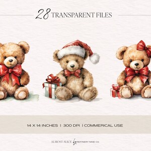 Christmas Teddy Bears, Watercolor Clipart, Cute, Christmas, Winter ...