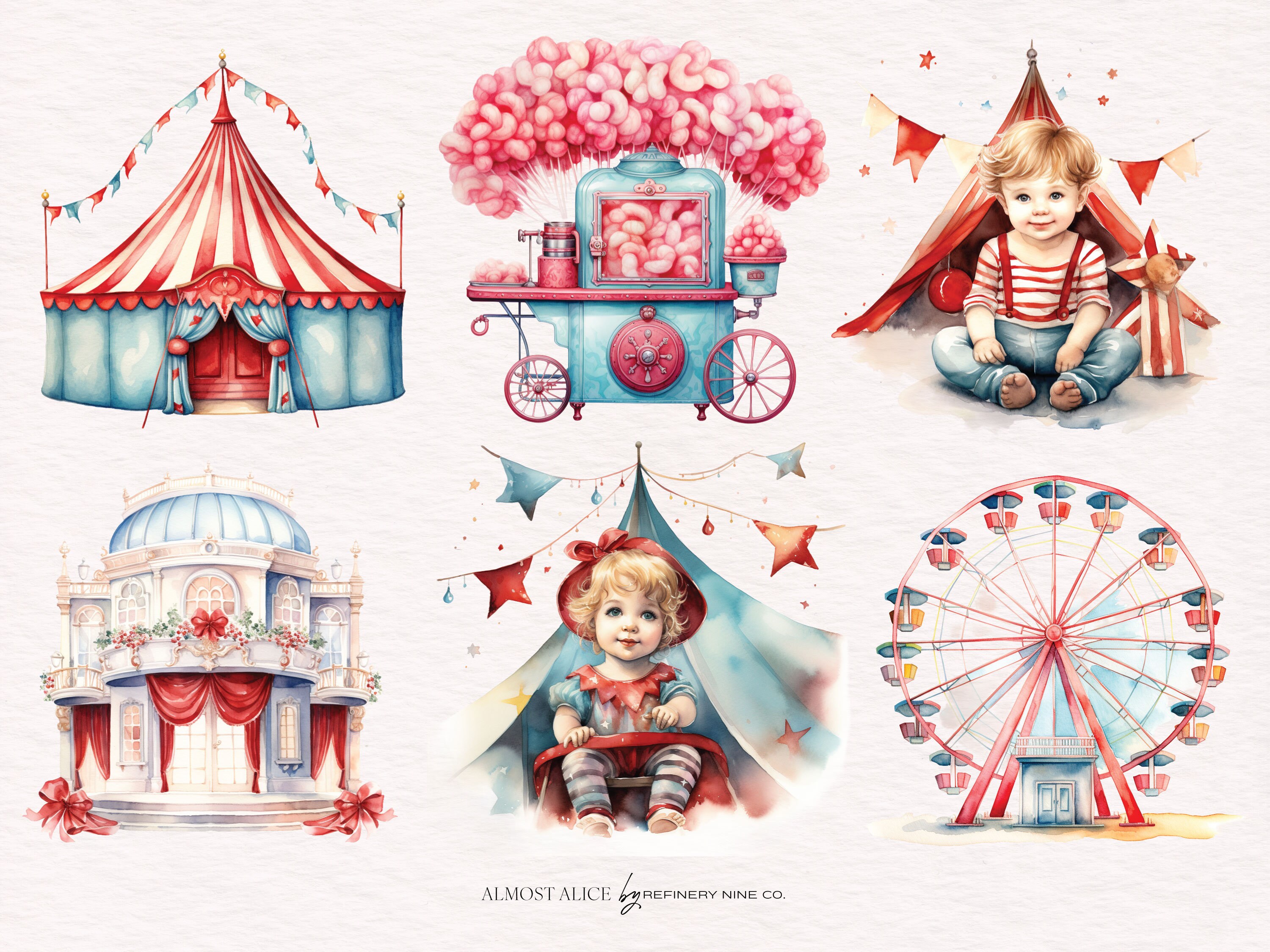 Colorful Vintage Circus Clipart Bundle: Blue, Red, Creme Watercolor ...