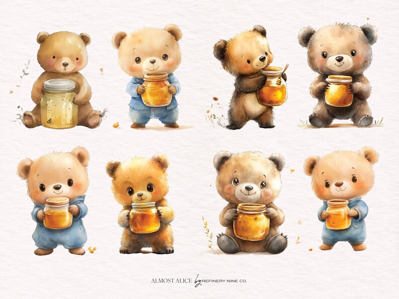 Bear and Honey Clipart: Watercolor Nursery Art (digital Download) - Etsy