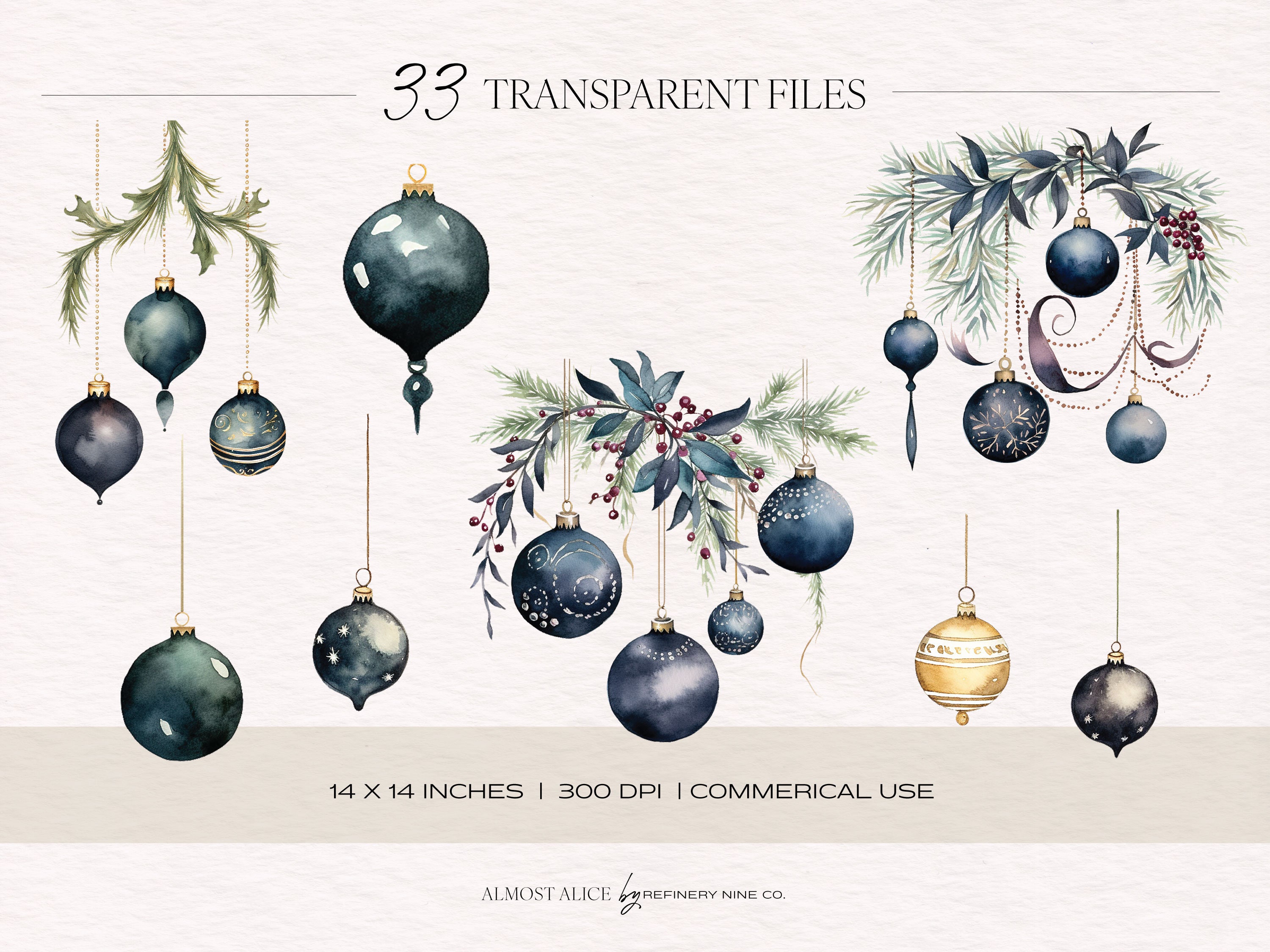Dark Moody Christmas Ornaments, Dark Color Baubles, Watercolor Clipart ...
