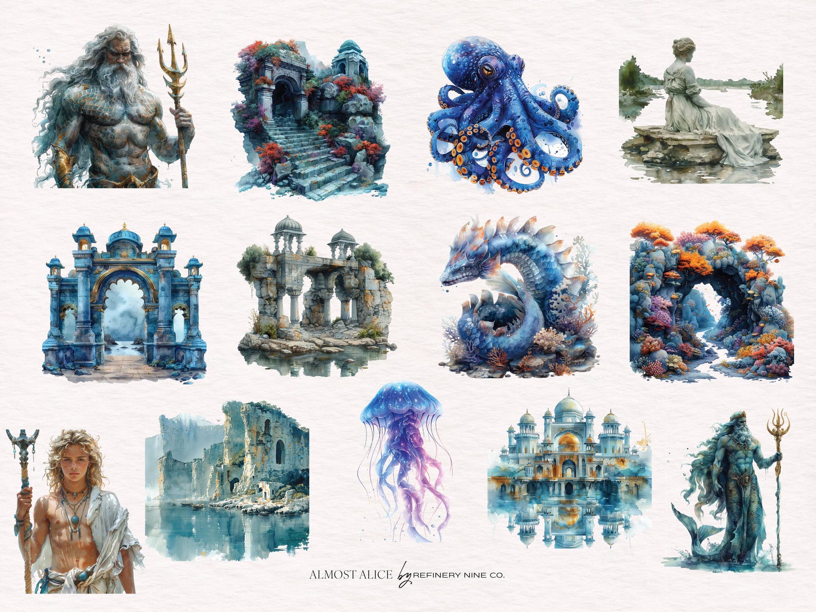 Atlantis Watercolor Clipart: Underwater City, Sea Creatures (digital ...