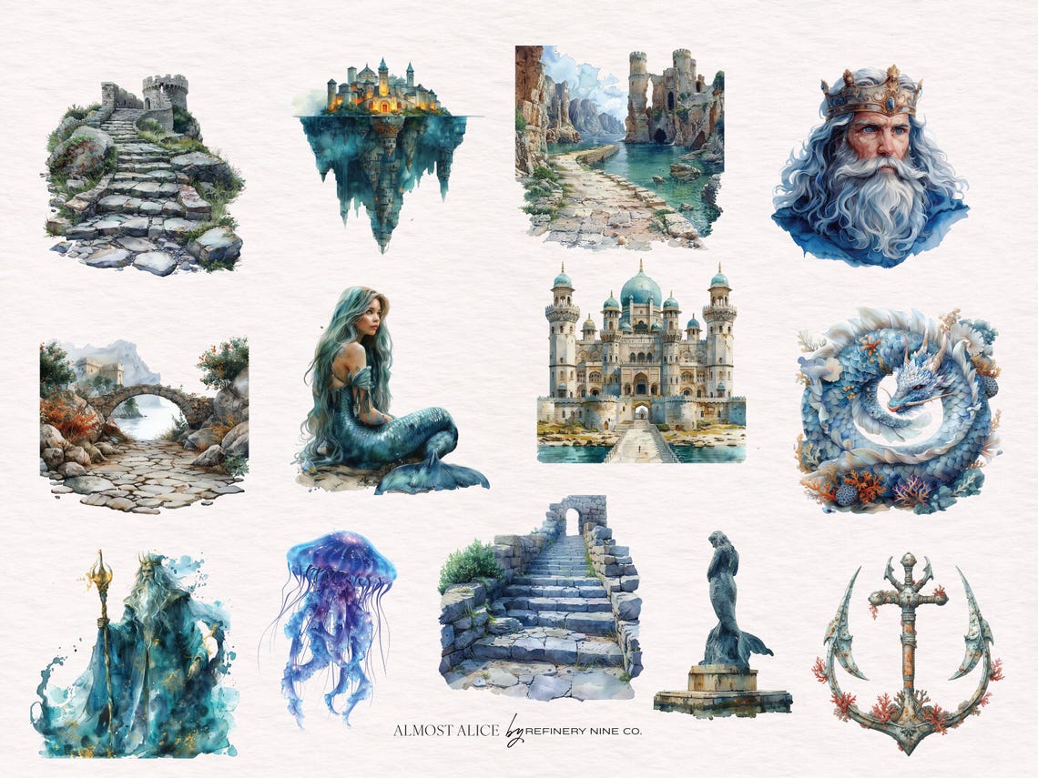 Atlantis Watercolor Clipart: Underwater City, Sea Creatures (digital ...