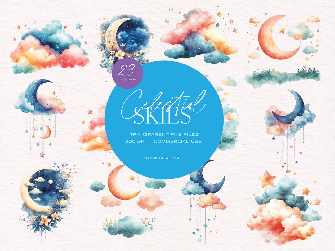 Celestial Skies Watercolor Clipart - Starry Backgrounds, Moon & Galaxy ...