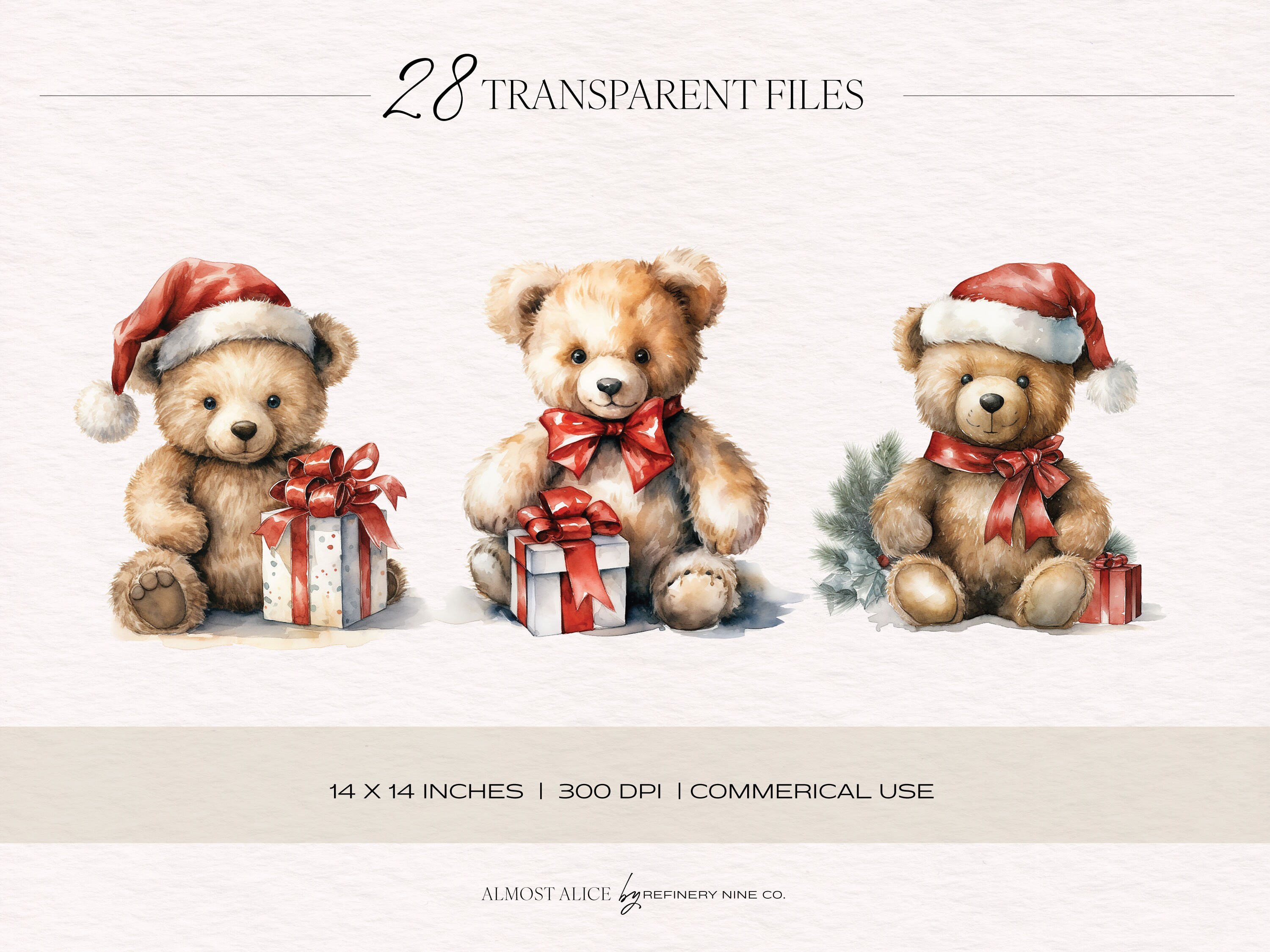 Christmas Teddy Bears, Watercolor Clipart, Cute, Christmas, Winter ...